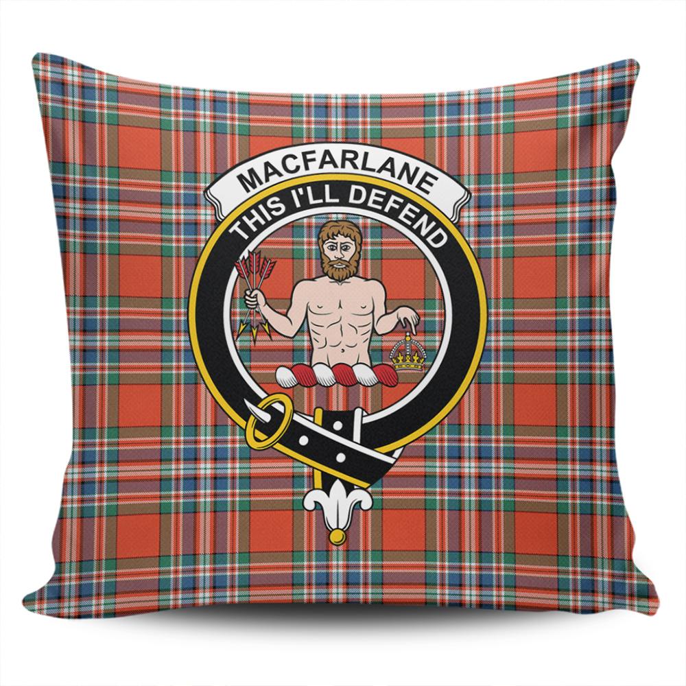 MacFarlane Ancient Tartan Classic Crest Pillow Cover | Celticprime.com – celticprime