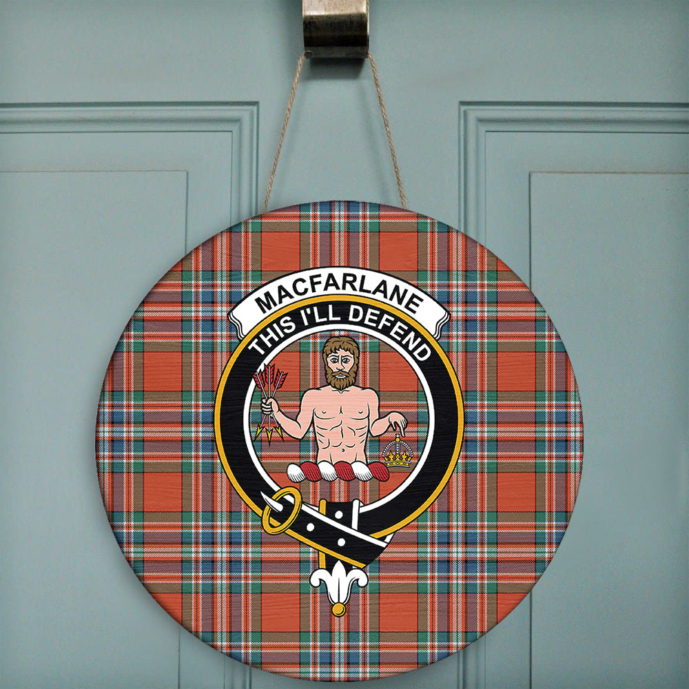 MacFarlane Ancient Tartan Classic Crest Round Wooden Sign | Celticprime.com – celticprime