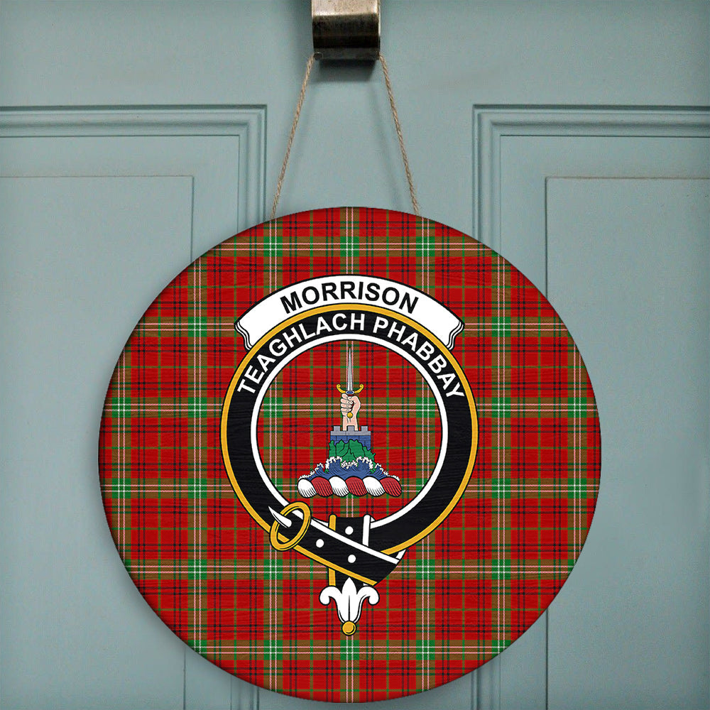 Morrison Red Modern Tartan Classic Crest Round Wooden Sign | Celticprime.com – celticprime