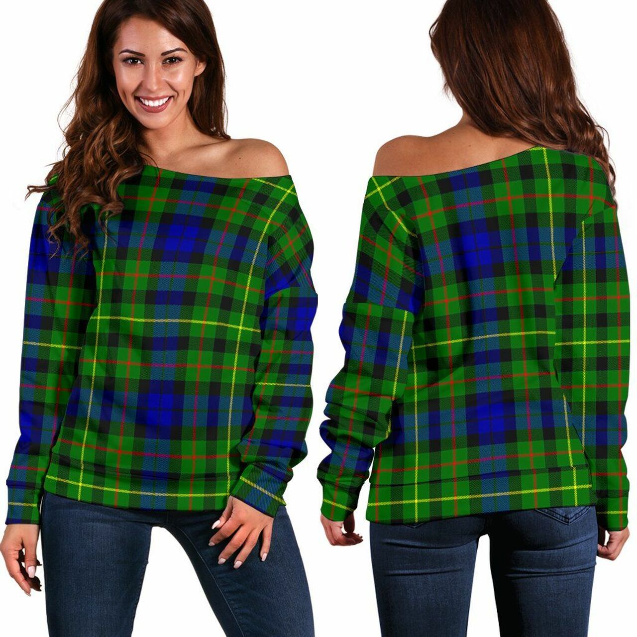 Rollo Modern Tartan Classic Women Off Shoulder Sweatshirt | Celticprime.com – celticprime