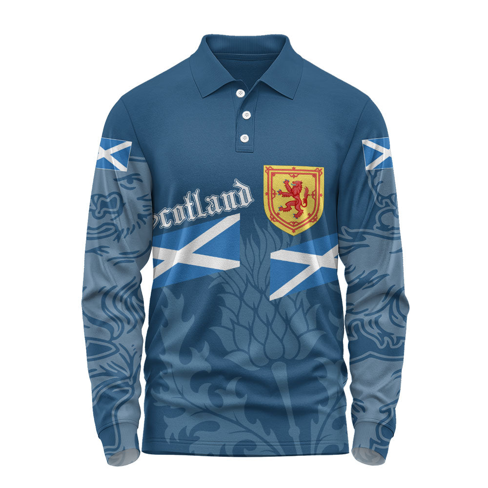 Scotland Long Sleeve Polo Shirt Saltire Thistle Crest Blue Heritage ...