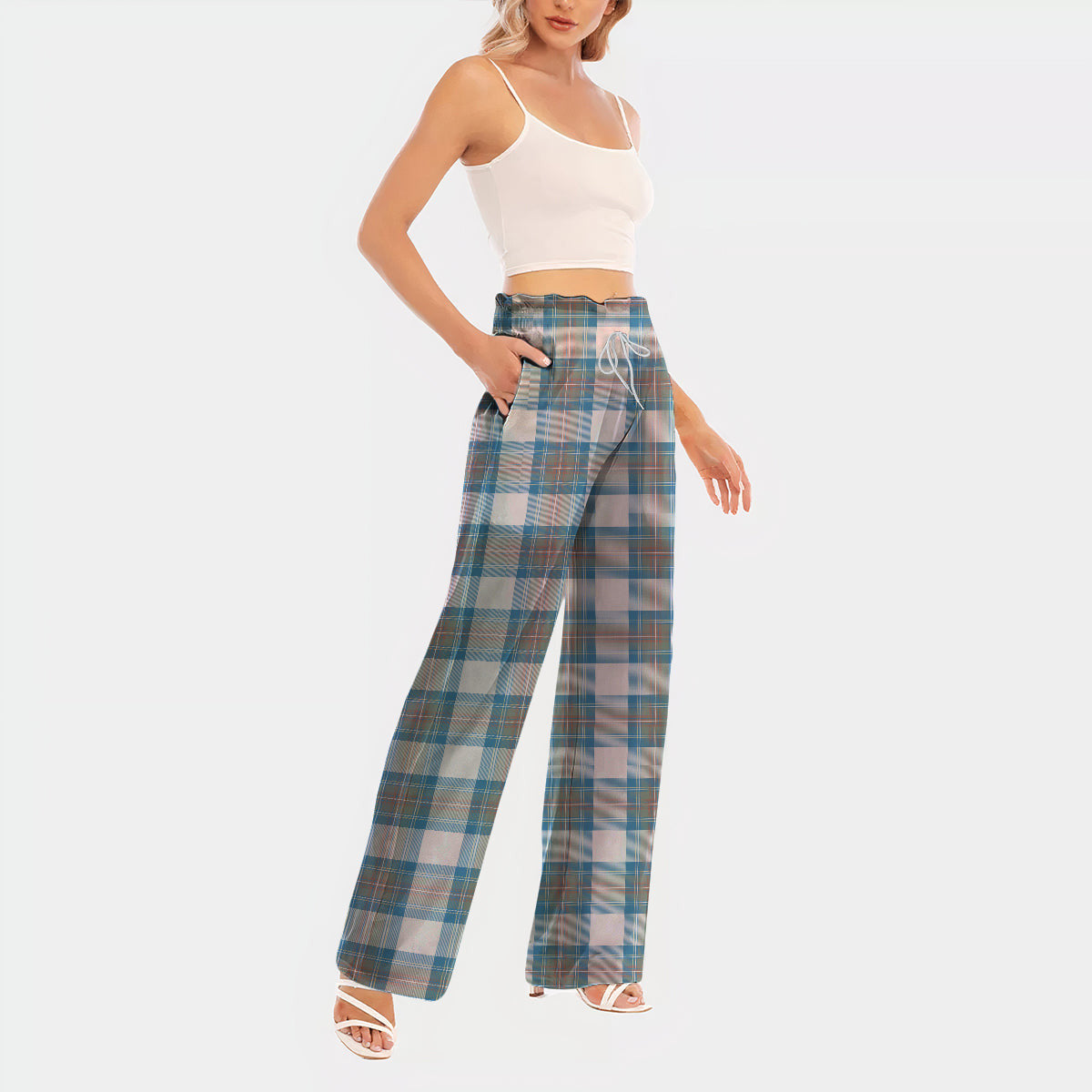Stewart Muted Blue Tartan Women's Waist Fungus Edge Wide-leg Pants ...