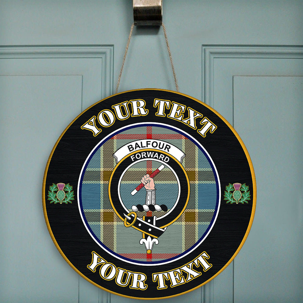 Balfour Blue Tartan Crest Round Wooden Sign Thistle Memory Style ...