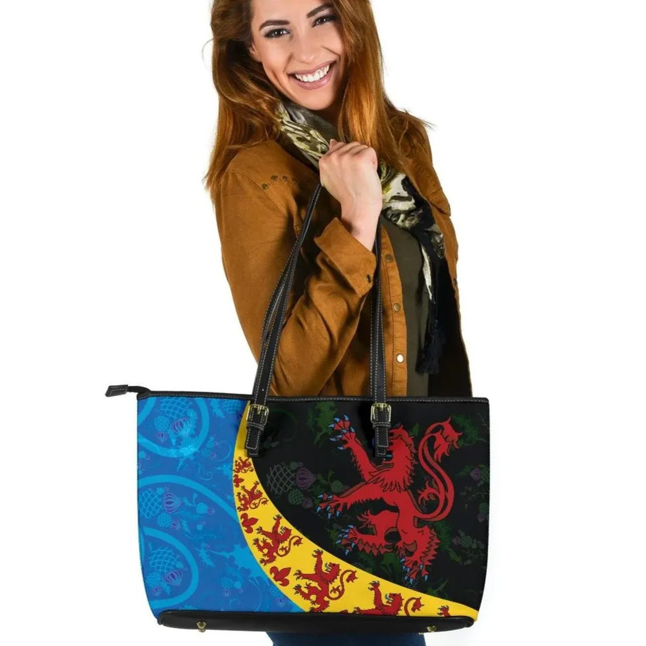 Scotland Celtic Leather Tote Bag - Scottish Lion with Thistle Patterns ...